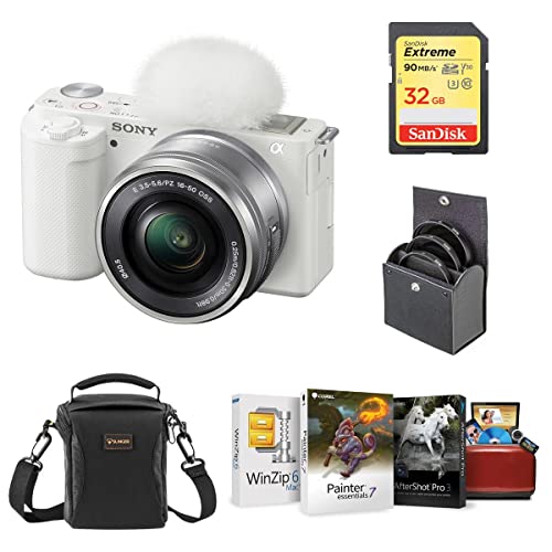 Sony ZV-E10 Mirrorless Camera with 16-50mm Lens, White Bundle with Mac Photo Editing Software Suite, 32GB SD Memory Card, Shoulder Bag, 40.5mm Filter Kit