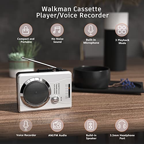 Portable Walkman Cassette Recorder with AM FM Stereo Radio and Voice Recorder,Compat Personal Walkman Cassette Tape Player/Recorder with Built in Speaker and Earphones,Microphone