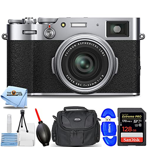 Pixel Hub FUJIFILM X100V Digital Camera (Silver) 16642939-7PC Accessory Bundle Includes: Sandisk Extreme Pro 128GB SD,Memory Card Reader,Gadget Bag,Blower. Microfiber Cloth and Cleaning Kit