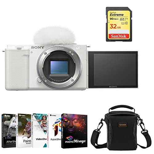 Sony ZV-E10 Mirrorless Camera Body, White Bundle with Corel PC Software Suite, 32GB SD Card, Shoulder Bag