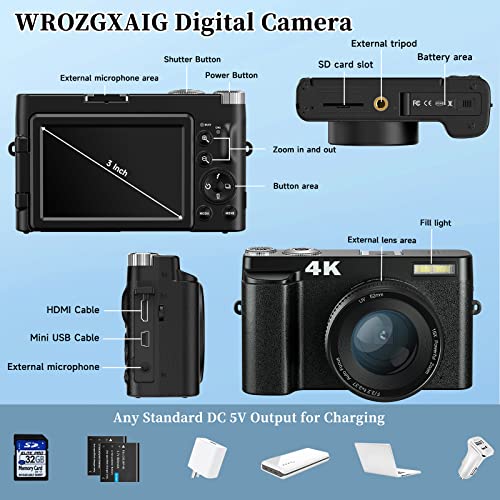 4K Digital Camera with SD Card [Autofocus & Anti-Shake] 48MP Video Camera for Beginners' Photography Vlogging YouTube, 16X Zoom 180° Flip Screen Compact Travel Camera with 2 Rechargeable Batteries