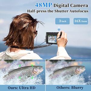 4K Digital Camera with SD Card [Autofocus & Anti-Shake] 48MP Video Camera for Beginners' Photography Vlogging YouTube, 16X Zoom 180° Flip Screen Compact Travel Camera with 2 Rechargeable Batteries