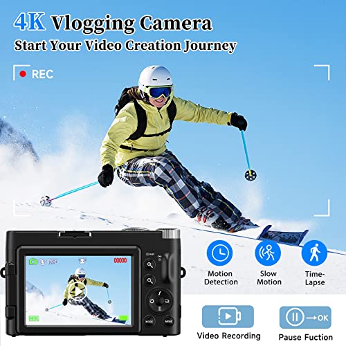 4K Digital Camera with SD Card [Autofocus & Anti-Shake] 48MP Video Camera for Beginners' Photography Vlogging YouTube, 16X Zoom 180° Flip Screen Compact Travel Camera with 2 Rechargeable Batteries