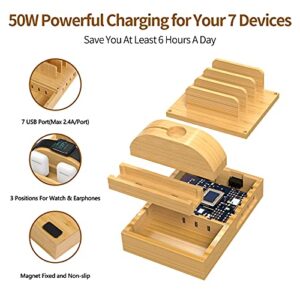 Bamboo Charging Station for Multiple Devices, Alltripal Wood Desktop Docking Station 7-Port Multi-Charger Organizer Fast USB Charger Compatible with iPhone, iPad, AirPods, iWatch, Cell Phone, Tablet