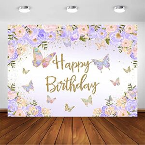 avezano purple butterfly birthday backdrop for girl’s purple peach floral pastel butterflies birthday background pink lilac purple gold wishes and butterfly kisses party decorations photoshoot (7x5ft)