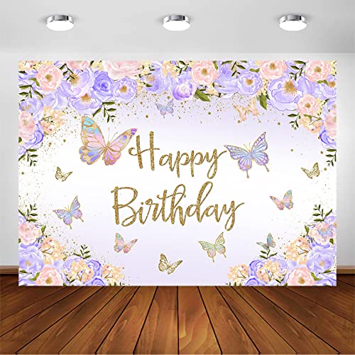 Avezano Purple Butterfly Birthday Backdrop for Girl's Purple Peach Floral Pastel Butterflies Birthday Background Pink Lilac Purple Gold Wishes and Butterfly Kisses Party Decorations Photoshoot (7x5ft)