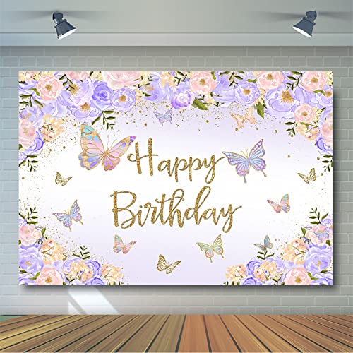 Avezano Purple Butterfly Birthday Backdrop for Girl's Purple Peach Floral Pastel Butterflies Birthday Background Pink Lilac Purple Gold Wishes and Butterfly Kisses Party Decorations Photoshoot (7x5ft)