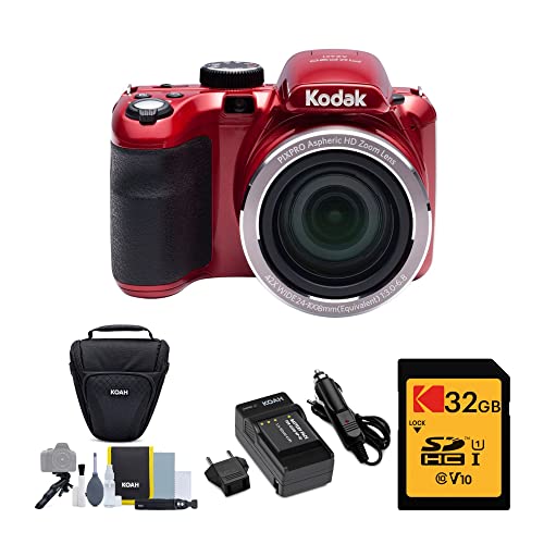 Kodak AZ421 PIXPRO Astro 16MP Digital Camera (Red) Bundle with Memory Card, Rechargeable Battery and Charger Kit Compatible with Casio NP-40 and Kodak LB-060, and Holster Camera Case (4 Items)