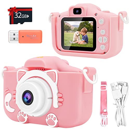 YUE3000 Upgrade Kids cat Camera,Gifts for Boys and Girls of Age 3-9, 1080P HD Digital Video Cameras for Toddler, 20M high -Definition Digital Camera, Suitable for Portable Toys with 32GB SD Card-Pink