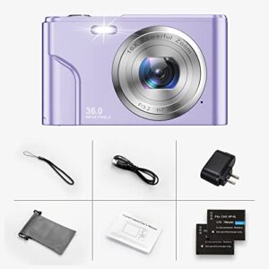 Digital Camera for Kids Girls and Boys - 1080P FHD Digital Camera 36MP LCD Screen Rechargeable Students Compact Camera Kid Camera with 16X Digital Zoom Vlogging Camera for Teens, Kids (Purple)