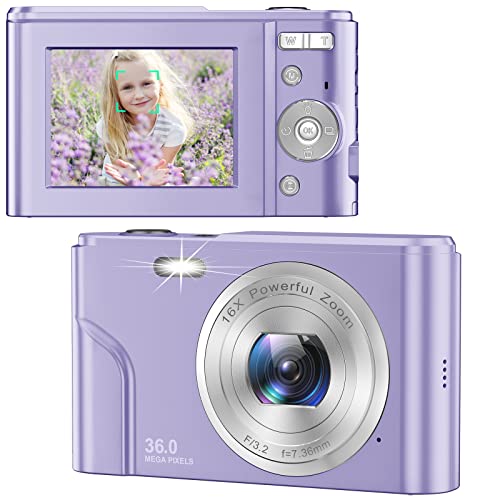 Digital Camera for Kids Girls and Boys - 1080P FHD Digital Camera 36MP LCD Screen Rechargeable Students Compact Camera Kid Camera with 16X Digital Zoom Vlogging Camera for Teens, Kids (Purple)