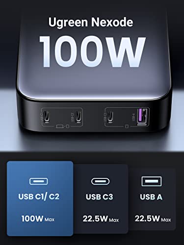 UGREEN 100W USB C Charger, Nexode 4 Ports USB C Charging Station, GaN Fast Desktop Charger Compatible with MacBook Pro, Dell XPS 15, iPhone 14 Pro Max/13, Galaxy S23 Ultra, iPad, Steam Deck and More