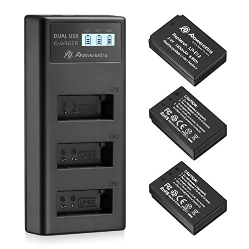 Powerextra 3 Pack LP-E12 Battery and USB Charger Smart LCD Display Compatible with Canon LP-E12 Battery and Canon PowerShot SX70 HS Rebel SL1 M M2 M10 M50 M100 Rebel SL1 Digital Cameras