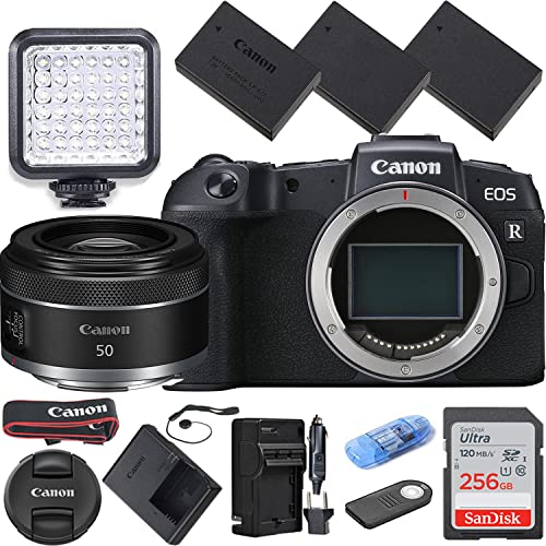 Camera Bundle for Canon EOS RP Mirrorless Camera with RF 50mm f/1.8 STM Lens, 3 Batteries, LED Light, 256Gb High Speed Memory Card + Accessories Kit