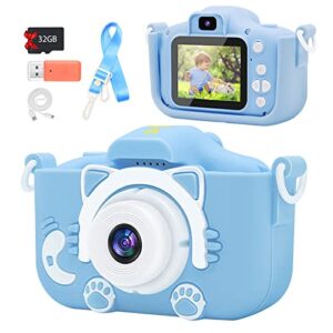 yue3000 upgrade kids cat camera,gifts for boys and girls of age 3-9, 1080p hd digital video cameras for toddler, 20m high -definition digital camera, suitable for portable toys with 32gb sd card-blue