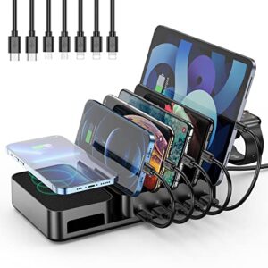 wireless charging station for multiple devices, 75w 5 ports usb charging station with pd usb-c & qc 3.0 ports and wireless charging pad,7 short charging cables included for iphone ipad,tablets