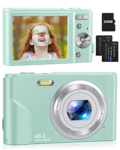 Digital Camera for Kids,1080P 48MP Autofocus Kids Camera with 32GB SD Card, Kids Digital Video Camera with 16X Zoom, Compact Portable Mini Cameras for Kids, Girls, Boys, Teens (Green)