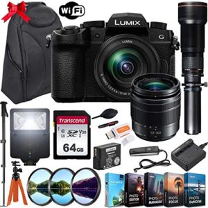 panasonic lumix dc-g95 mirrorless digital camera with 12-60mm lens & 650-1300mm telephoto lens + 64gb memory card, backpack, flash, editing software kit & more