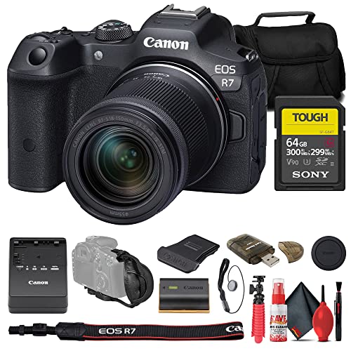 Canon EOS R7 Mirrorless Camera with 18-150mm Lens (5137C009) + Sony 64GB Tough SD Card + Bag + Card Reader + Flex Tripod + Hand Strap + Memory Wallet + Cap Keeper + Cleaning Kit (Renewed)