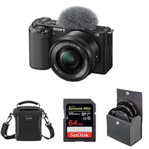 sony zv-e10 mirrorless camera with 16-50mm lens, black bundle with 64gb sd memory card, shoulder bag, 40.5mm filter kit