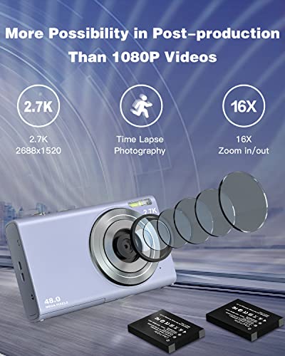 Digital Camera 2.7K 48MP Vlogging Camera, Auto Focus Digital Point and Shoot Camera with 32GB Memory Card,16X Zoom, Time Lapse Digital Cameras for Kids Teenagers Students Boys Girls,Purple