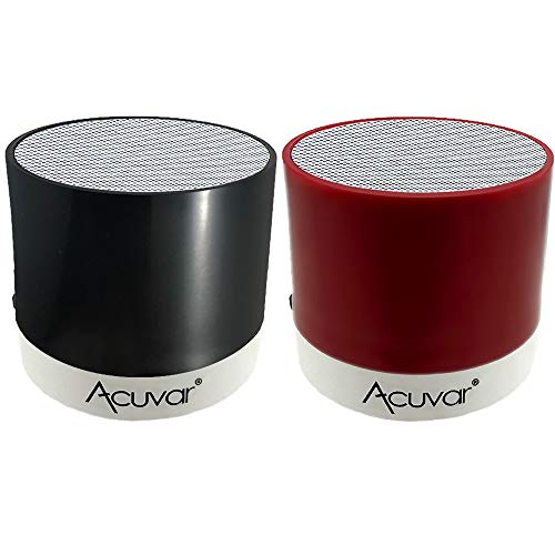 2 Acuvar Wireless Rechargeable Mini Speaker Pods with Micro SD Card Reader and USB Compatibility (Red & Black)