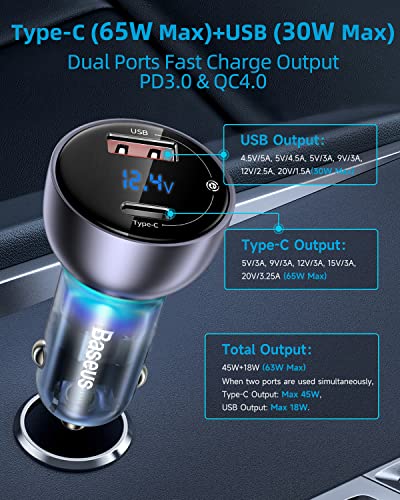 Baseus 65W USB C Car Charger, Type C Car Charger PPS PD3.0 QC4.0 45W Super Fast Charging with LED Display Compatible with iPhone 14/13/12 Pro Max, Samsung S22 S21 Ultra/Tab S8, MacBook, iPad, Laptops