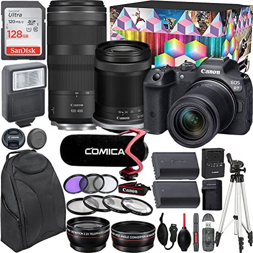 Camera Bundle for Canon EOS R7 Mirrorless Camera with RF-S 18-150mm f/3.5-6.3 is STM and RF 100-400mm f/5.6-8 is USM Lens + Microphone with Video Kit Accessories (Renewed)