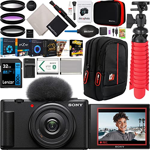 Sony ZV-1F Vlog Camera with 4K Video & 20.1MP for Content Creators and Vloggers Black ZV-1F/B Bundle with Deco Gear Case + Extra Battery + Filter Kit + Photo Video Software & Photography Accessories