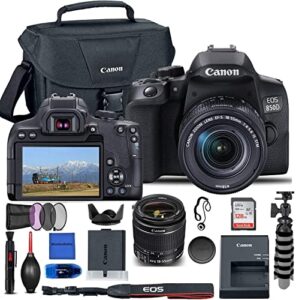 canon eos 850d(rebel t8i) dslr camera w/canon ef-s 18-55mm f/3.5-5.6 zoom lens + case + 1 sandisk 128gb memory card + flex tripod + 3pc filter kit + card reader + cleaning kit (int’l model), black