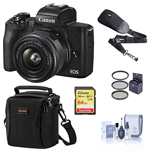 Canon EOS M50 Mark II Mirrorless Camera with EF-M 15-45mm f/3.5-6.3 is STM Lens, Black Bundle with Bag, 64GB SD Card, Filter Kit, Sling Strap, Cleaning Kit