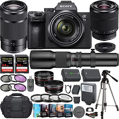 Camera Bundle for Sony a7 III Mirrorless Camera with FE 28-70mm f/3.5-5.6 OSS, E 55-210mm f/4.5-6.3 OSS, 500mm f/8.0 Manual Focus Lens + Accessories (Renewed)