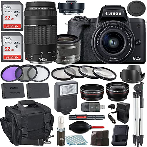 Camera Bundle for Canon EOS M50 Mark II Mirrorless Camera Black with EF-M 15-45mm F/3.5-6.3 is STM and EF 75-300mm f/4-5.6 III Lens + Accessories Pack (Renewed)