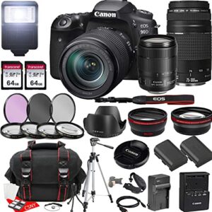 canon eos 90d dslr camera w/ef-s 18-135mm f/3.5-5.6 is usm lens + 75-300mm f/4-5.6 iii + 2x 64gb memory + hood + case + filters + tripod + more (35pc bundle)