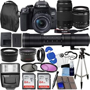 camera eos 850d (rebel t8i) dslr camera w/ 18-55mm lens + 75-300mm iii lens + 420-800mm zoom lens + wide angle + telephoto lens + 128gb memory + case + tripod + filter kit + pro bundle