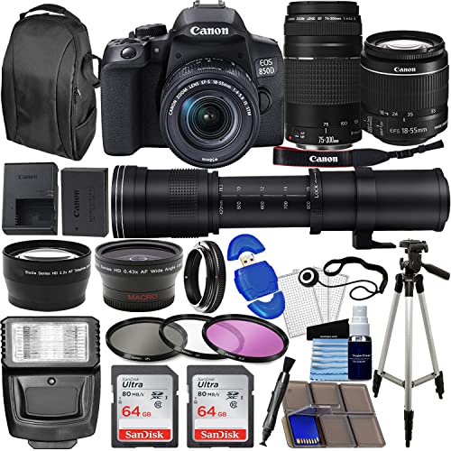 Camera EOS 850D (Rebel T8i) DSLR Camera w/ 18-55mm Lens + 75-300mm III Lens + 420-800mm Zoom Lens + Wide Angle + Telephoto Lens + 128GB Memory + Case + Tripod + Filter Kit + Pro Bundle