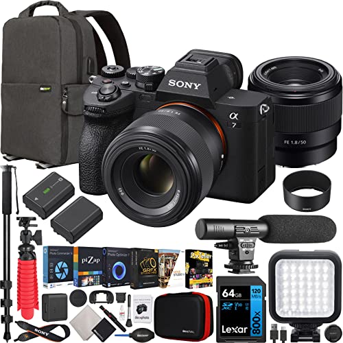 Sony a7 IV Full Frame Mirrorless Camera Body with FE 50mm F1.8 Full Frame E-Mount Lens ILCE-7M4/B + SEL50F18F Bundle with Deco Gear Photography Backpack + Monopod + 2 Battery, LED and Kit Accessories