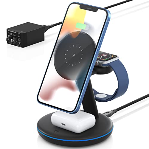 Magnetic Wireless Charger 3 in 1, PEXXUS 15W Fast Mag-Safe Charger Stand Wireless Charging Station for iPhone 14 13 12 Pro/Max/Mini,AirPods Pro/3/2, Apple Watch 7/6/SE/5/4/3/2(QC3.0 Adapter Included)