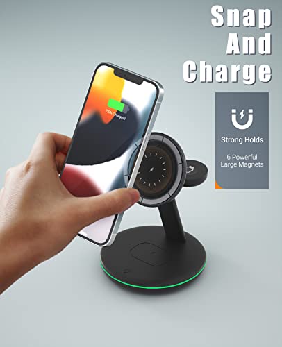 Magnetic Wireless Charger 3 in 1, PEXXUS 15W Fast Mag-Safe Charger Stand Wireless Charging Station for iPhone 14 13 12 Pro/Max/Mini,AirPods Pro/3/2, Apple Watch 7/6/SE/5/4/3/2(QC3.0 Adapter Included)