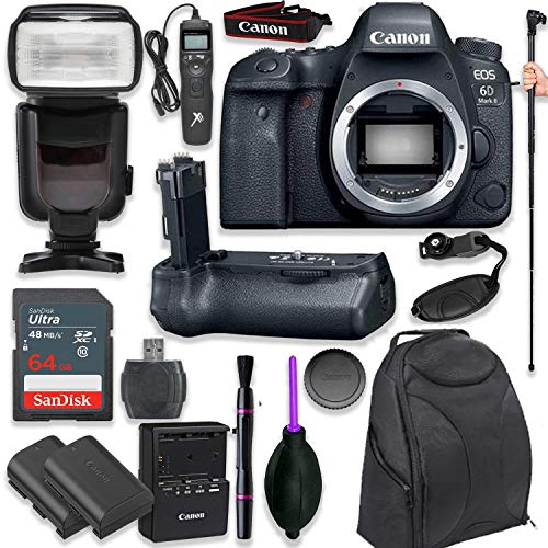 Canon EOS 6D Mark II Digital SLR Camera Body - Wi-Fi Enabled with Pro Camera Battery Grip, Professional TTL Flash, Deluxe Backpack, Universal Timer Remote Control, Spare LP-E6 Battery (16 Items)