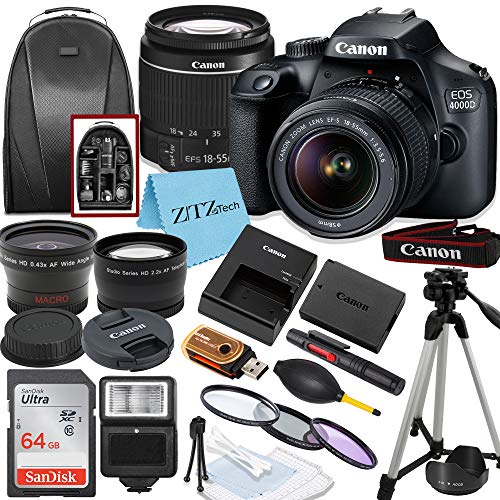 Canon EOS T100/4000D DSLR Camera with EF-S 18-55mm Lens, SanDisk Memory Card, Tripod, Flash, Backpack + ZeeTech Accessory Bundle (Canon 18-55mm, SanDisk 64GB) (Renewed)