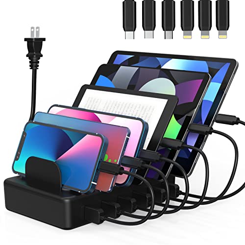 ZXSWONLY Charging Station for Multiple Devices, 50W 6 Ports USB Charging Station Organizer with 6 Cables Compatible with Cellphone, Tablet, Kindle, and Other Electronic (White) (Black)