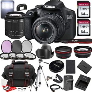 canon eos 2000d (rebel t7) dslr camera w/18-55mm f/3.5-5.6 zoom lens + 2x 64gb memory + hood + case + filters + tripod + more (35pc bundle)