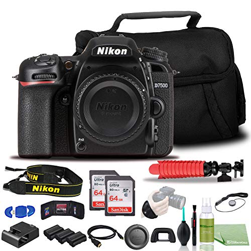 Nikon D7500 DSLR Camera - Bundle - (Body Only) (1581) + 2X EN-EL15 Battery + 2X SanDisk 64GB Card + Case + 12 Inch Flexible Tripod + Deluxe Cleaning Set + HDMI Cable + Hand Strap + More