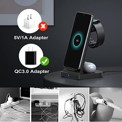 Wireless Charger Stand Charging Station for Samsung Galaxy Watch 5(Pro)/4/3 Active 2/1 Galaxy S23 S22 S21 S20(Plus/Ultra)/Z Flip/Fold 4 3 Note20 10 Buds(2) Pro/Live 3 in 1 Multiple Devices(Black)