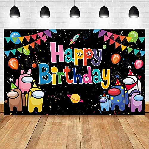 Among Us Happy Birthday Background Decoration-Among Us Game Banner for Men Boy Kids’ Game Theme Birthday Party Decoration (5x3ft)