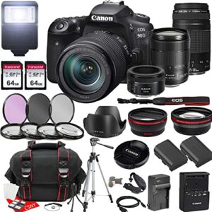 canon eos 90d dslr camera w/ef-s 18-135mm f/3.5-5.6 is usm lens + 75-300mm f/4-5.6 iii lens + ef 50mm f/1.8 stm lens + 2x 64gb memory + hood + case + filters + tripod + more (35pc bundle)