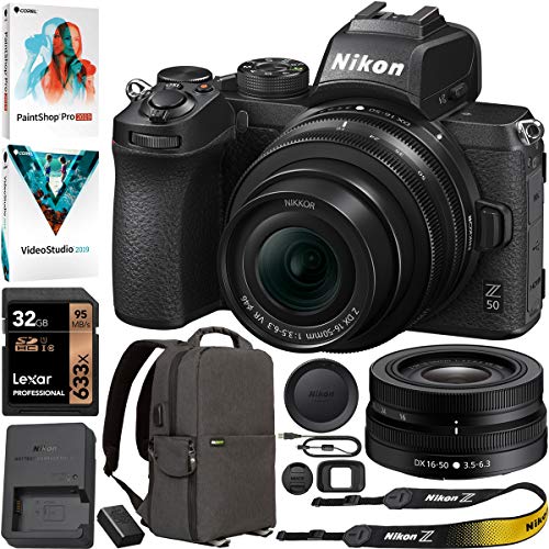 Nikon Z50 DX Mirrorless Camera Body w NIKKOR Z DX 16-50mm f/3.5-6.3 VR Lens (Renewed) Bundle with Lexar 32GB SDHC UHS-1 Memory Card, Deco Gear Photo and Video Backpack, Software Suite PaintShop Pro