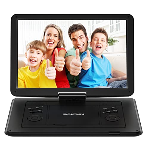 BOIFUN 16.9" Portable DVD Player with 14.1" Large HD Swivel Screen, 6 Hours Battery Life, Support FM/USB/SD Card/Sync TV Projector and Multiple Disc Formats Region Free, High Volume, Classic Black