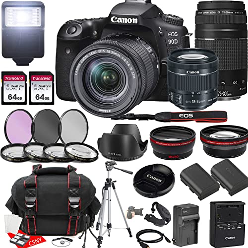 Canon EOS 90D DSLR Camera w/EF-S 18-55mm F/4-5.6 Zoom is STM Lens + 75-300mm F/4-5.6 III Lens + 2X 64GB Memory + Hood + Case + Filters + Tripod + More (35pc Bundle)